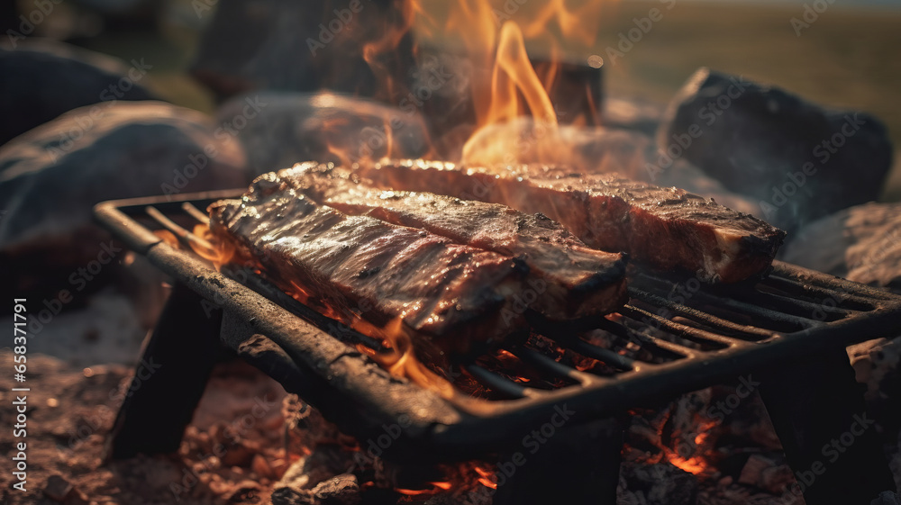 an outdoor photograph of a tasty delightful cow ribs on spit ground ...
