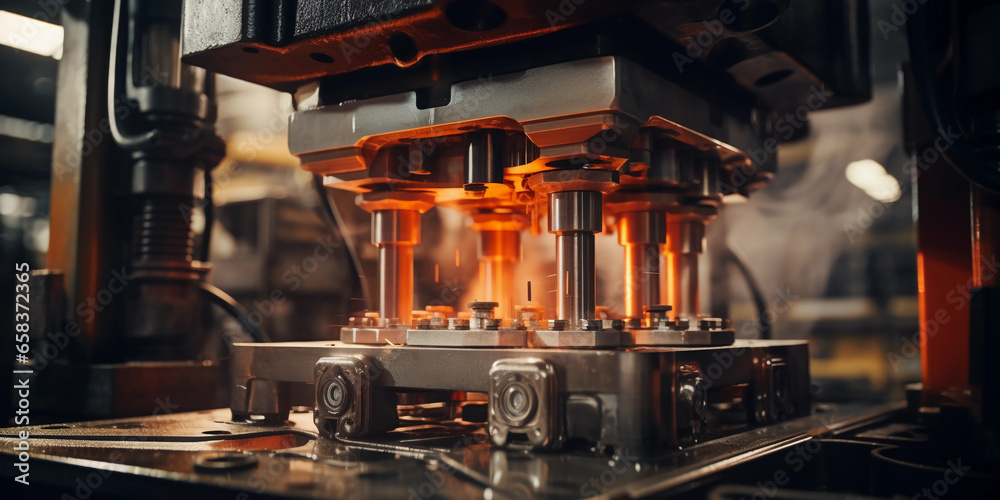 A detailed and hyper - realistic photograph of a heavy hydraulic press ...