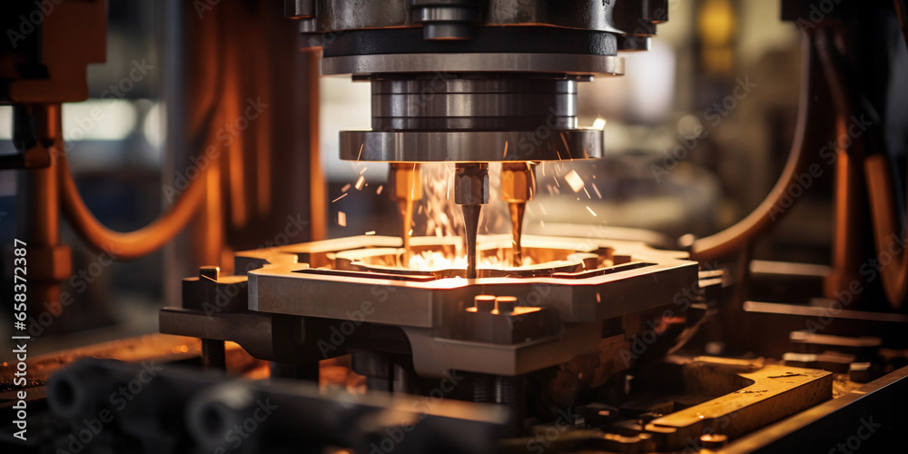 A detailed and hyper - realistic photograph of a heavy hydraulic press ...