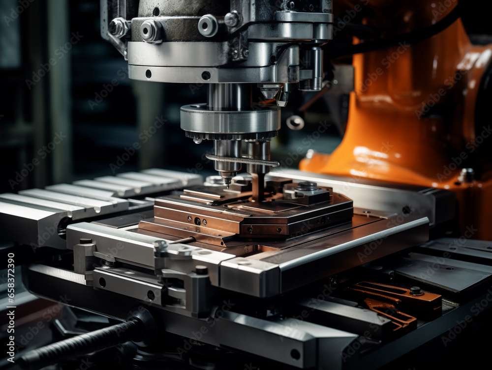 rendering of a milling machine, mid - operation, shot from a low angle ...