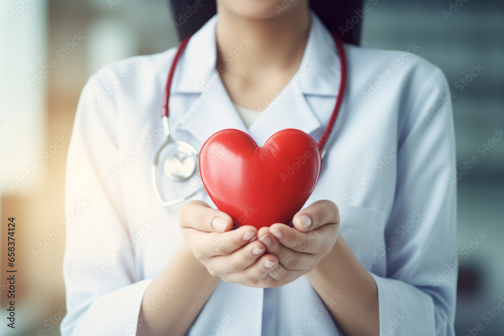Clutched in the physician's hand is a red heart-shaped object, a symbol ...