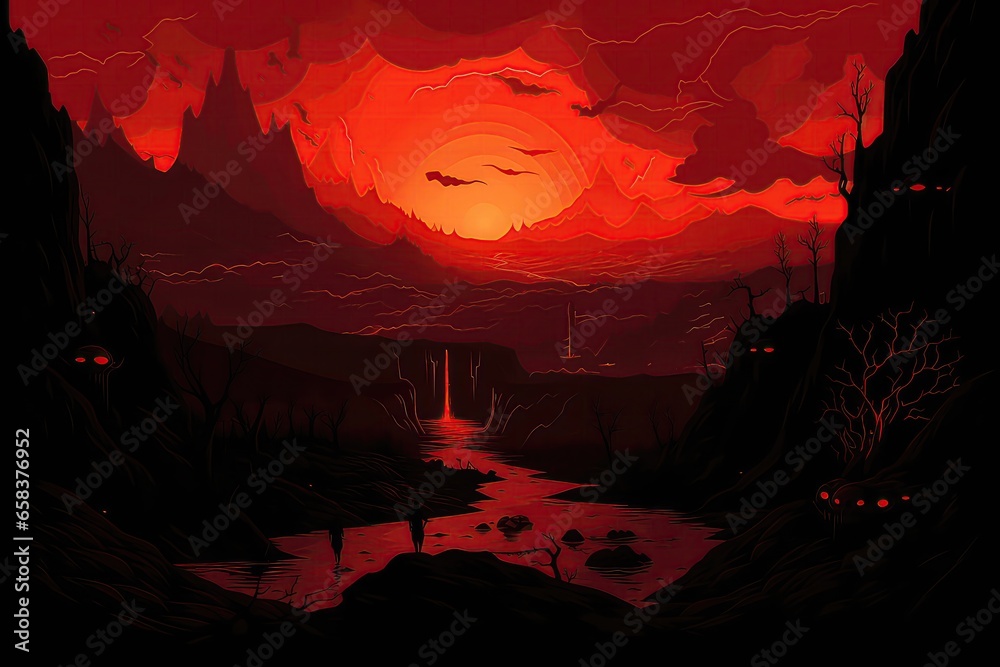 Inferno Landscape With Demons Sets Fiery Scene. Сoncept Demonic Inferno ...