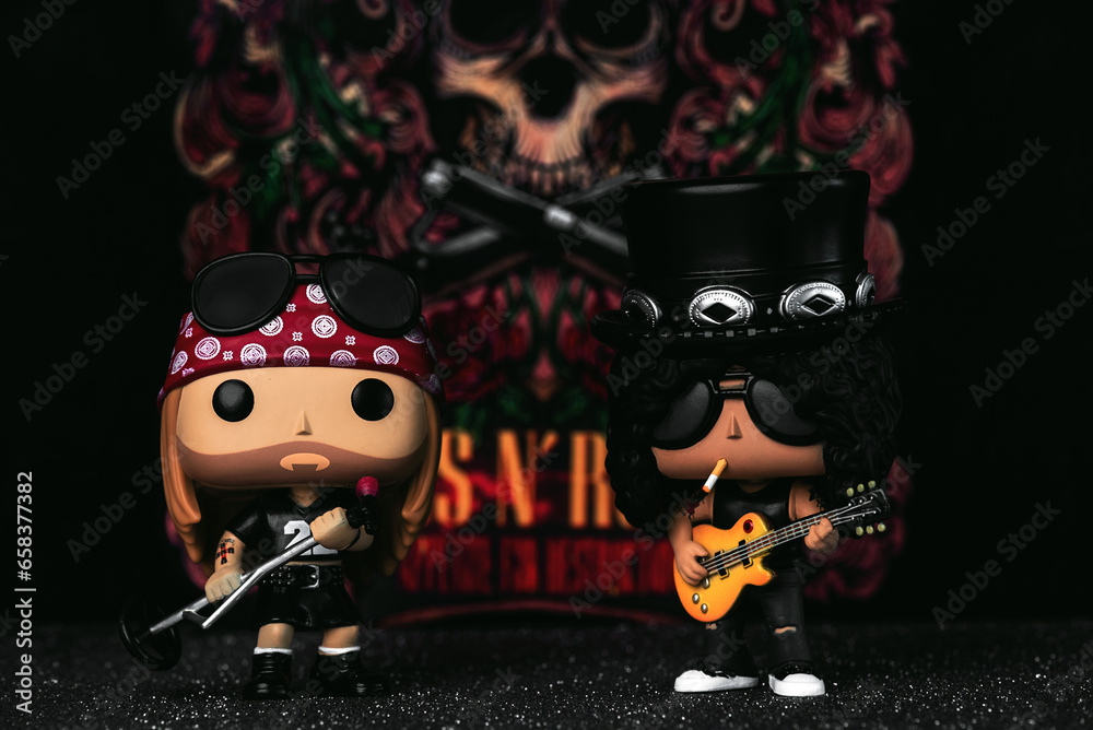 Funko POP vinyl figures of Axl Rose and Slash of the american hard rock group Guns N' Roses ...