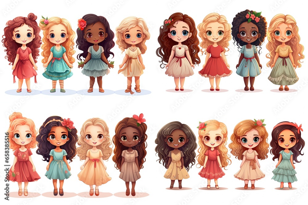 watercolor style cartoon illustration of group of diverse racial girls ...