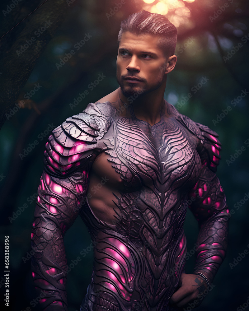 Sexy Alien Romance, sci-fi hero, muscular man with alien armour Stock ...