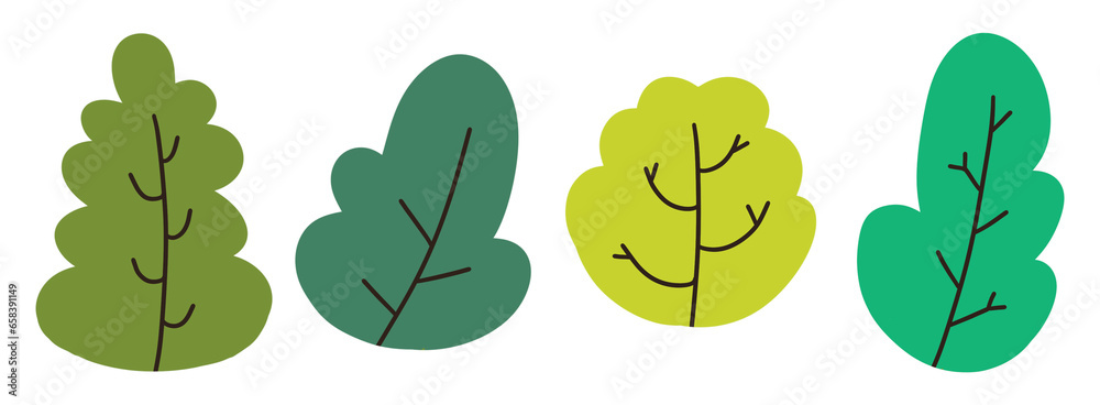Simple cartoon green bushes trees leaves vector illustration hand drawn ...