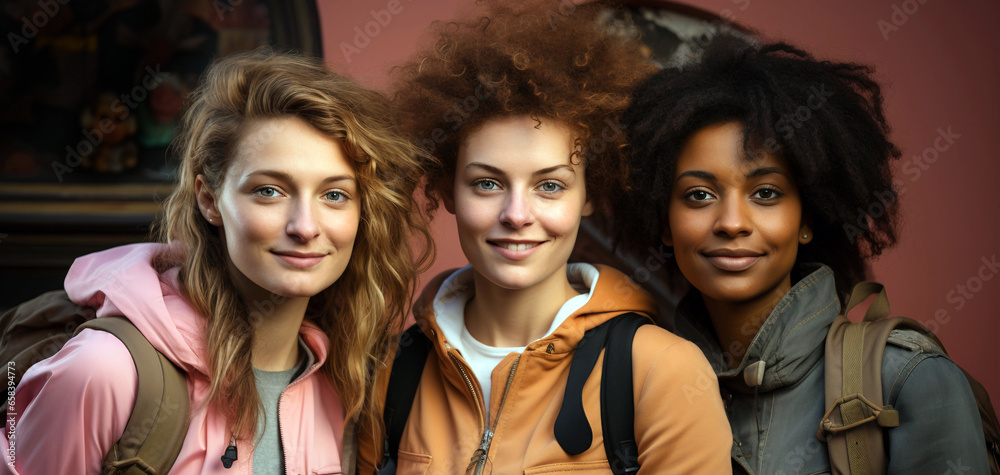 Portrait of young university friends on vacation trip. Multicultural ...