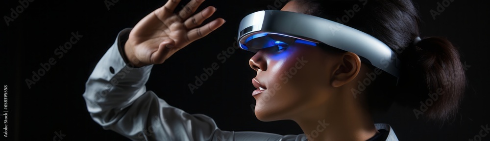 Woman Using Virtual Glasses with a Prism, Embracing Augmented Reality ...