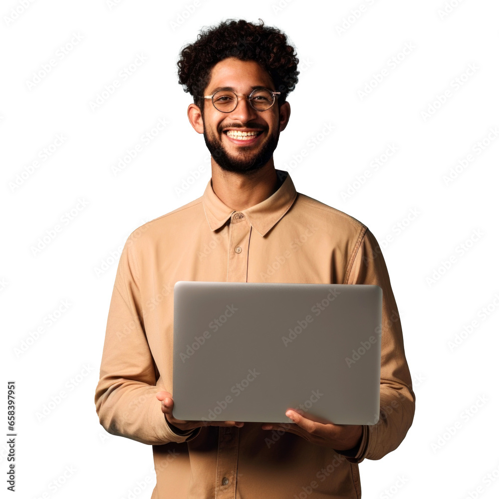 man with glasses holding laptop while smiling on transparent background ...