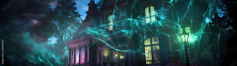 Ultra-wide haunted mansion stands shrouded in an unsettling aura, its ...