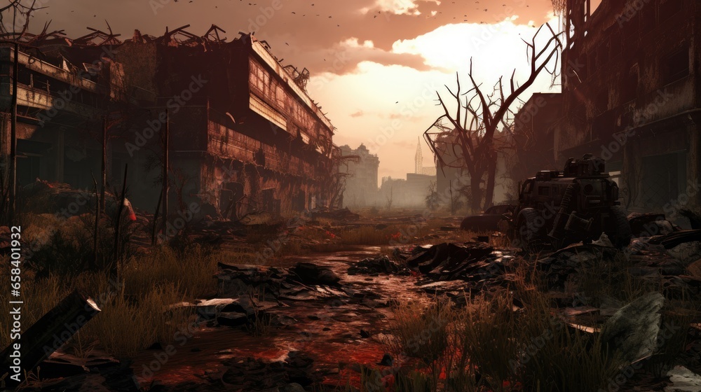 Virtual reality game world with post-apocalyptic wasteland, crumbling ...