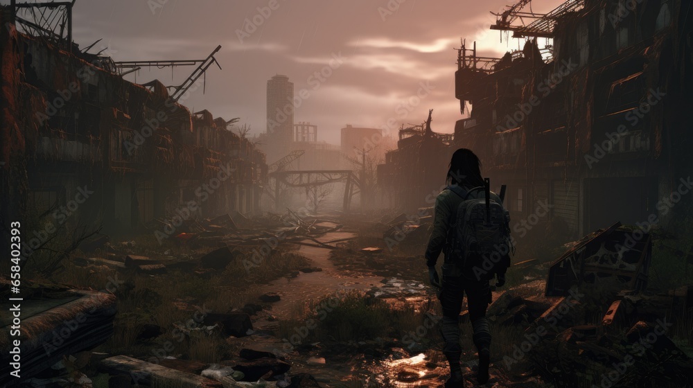 Virtual reality game set in a post-apocalyptic wasteland with crumbling ...