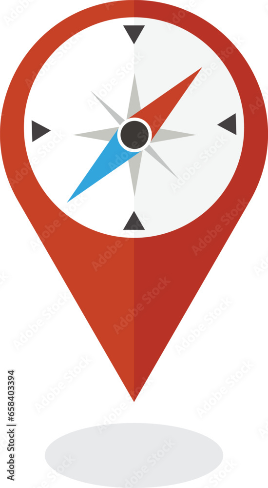 Professional drawing of the compass, red pin for geographical location ...