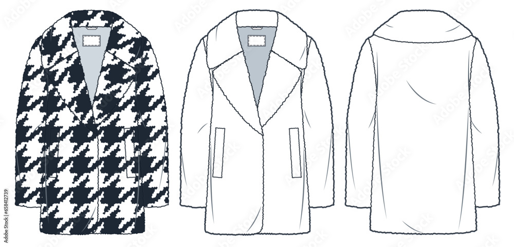 Fur Jacket technical fashion Illustration, houndstooth design. Oversize ...