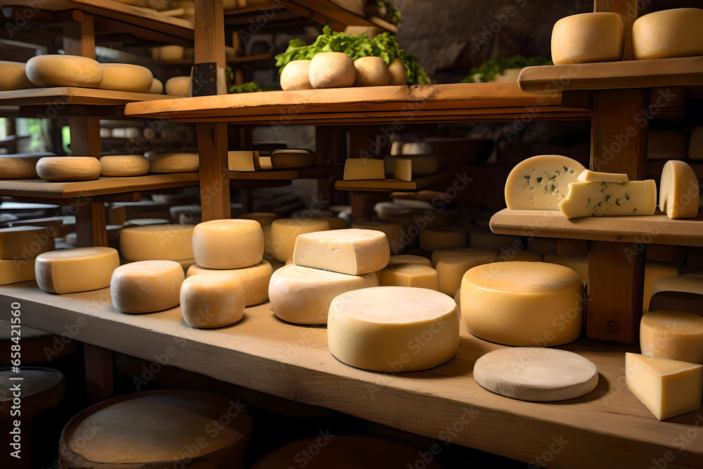 Wooden Shelves with cheeses in the cellar, A cheese aging cellar, Swiss ...