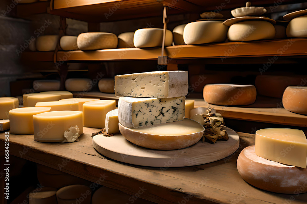 Wooden Shelves with cheeses in the cellar, A cheese aging cellar, Swiss ...