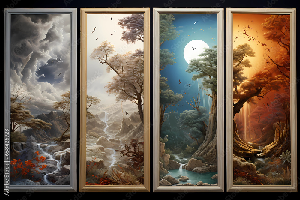 Comprising four panels, each artfully depicts one of the essential ...