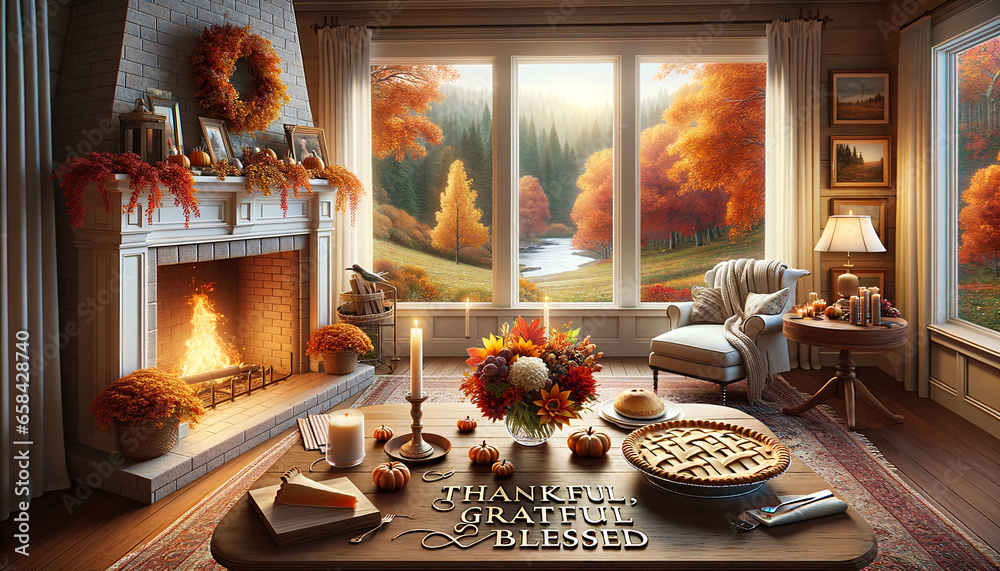 Render of a Thanksgiving card that captures the essence of a cozy ...