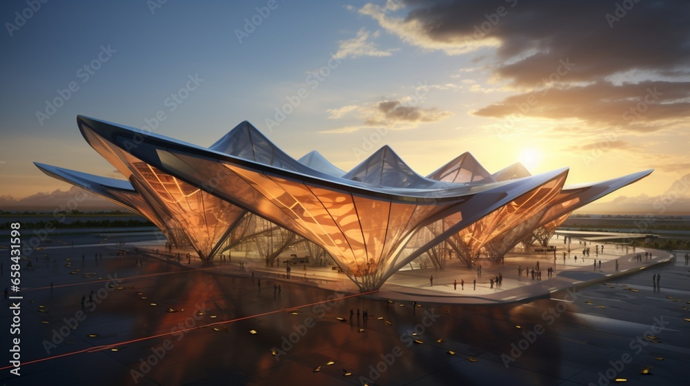 An airport covered by a high-tech canopy of solar sails, seamlessly ...