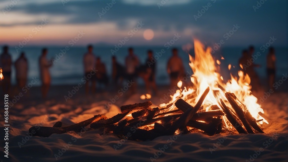 silhouettes of people having fun around a bonfire, sitting and watching ...