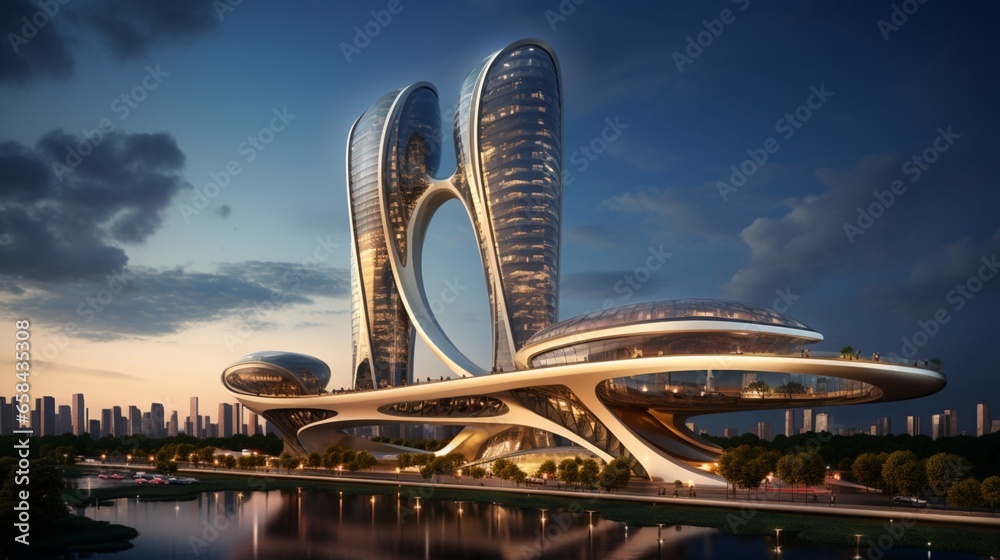 A hotel tower resembling a futuristic sky pier, featuring cantilevered ...