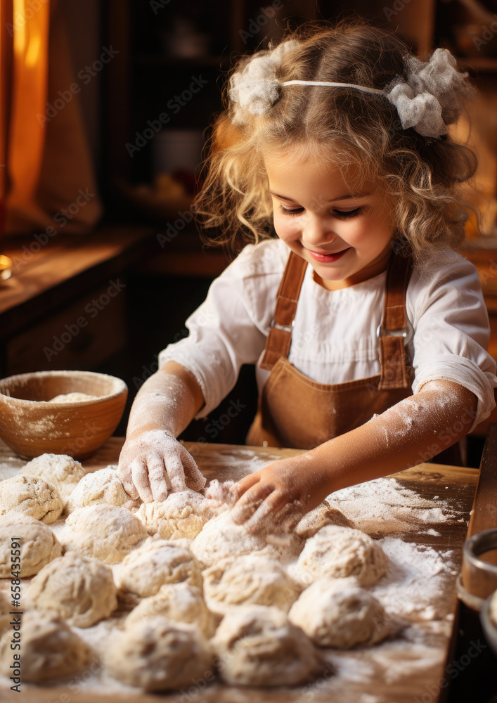 Generative AI, a small child makes cookies, pie, pies from dough, hands ...