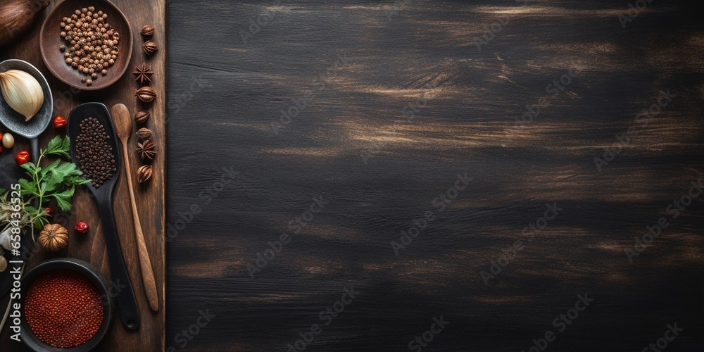 Dark wooden food background. Wooden background with ingredients in ...