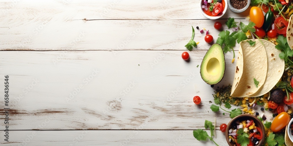 Taco bar top border with an assortment of ingredients. Overhead view on ...