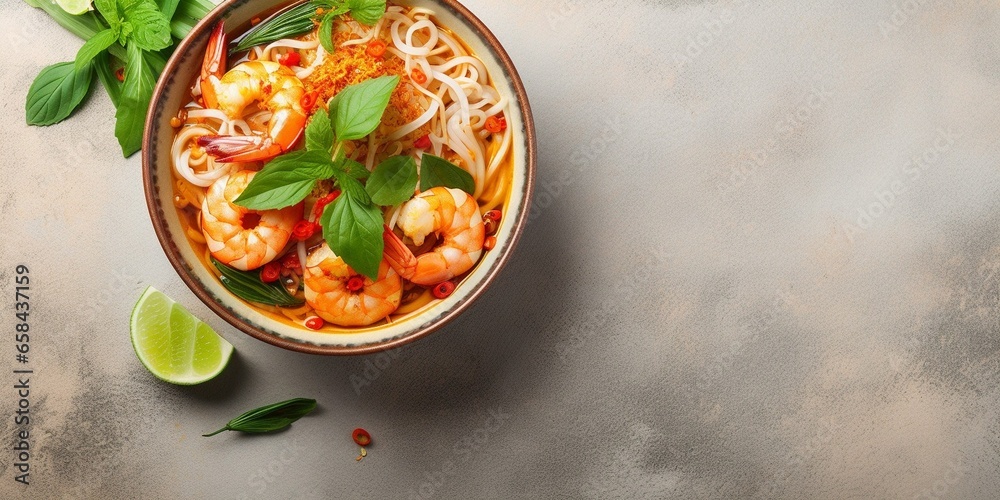 Laksa Shrimp bowl. glass noodle dish, top view, copy space. Asian ...