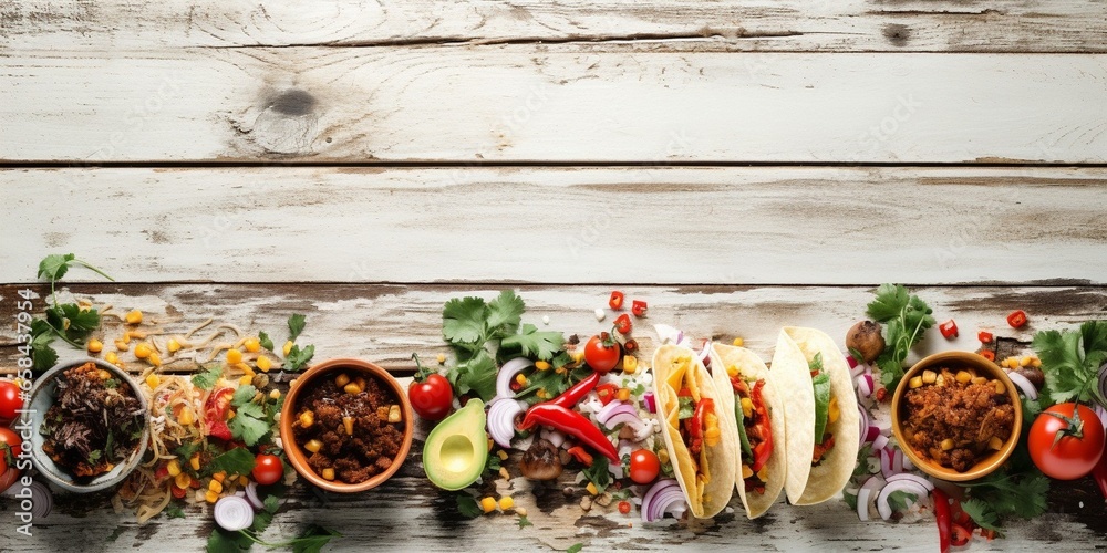 Taco bar top border with an assortment of ingredients. Overhead view on ...