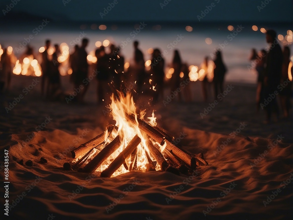 silhouettes of people having fun around a bonfire, sitting and watching ...