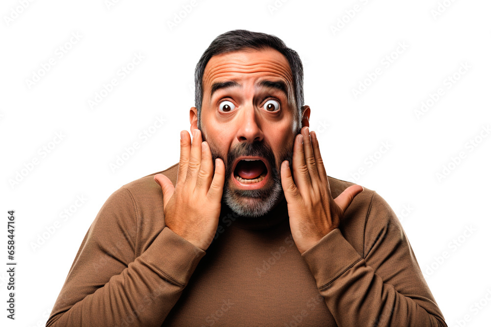 Latin American mature man expressing fear with open eyes and hands on ...