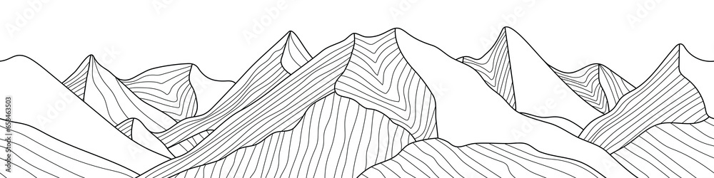 Black and white mountain line arts wallpaper, seamless border ...
