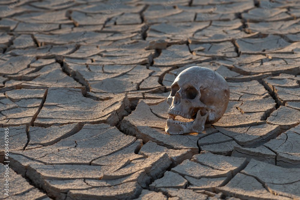 A dummy of a human skull lies on clay cracked from the heat in the ...