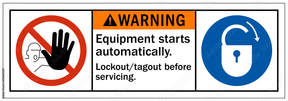 Machinery service warning sign and labels equipment starts ...