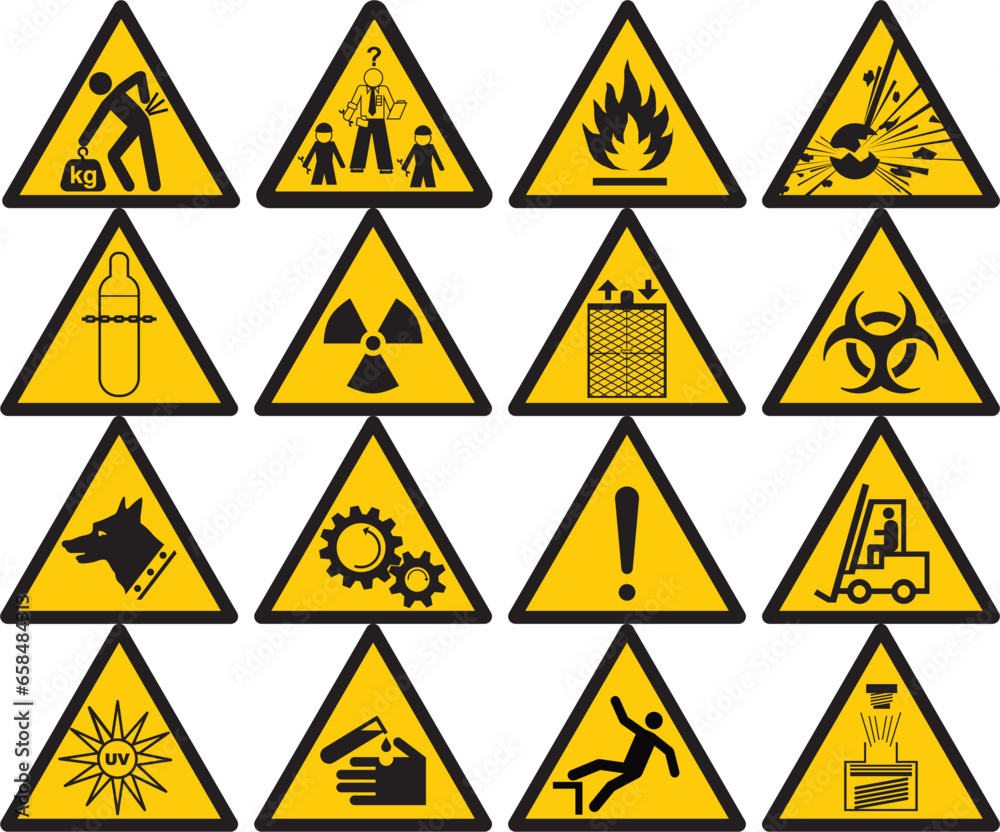 Poster Signos de advertencia , precaución, alerta, triangulo amarillo ...