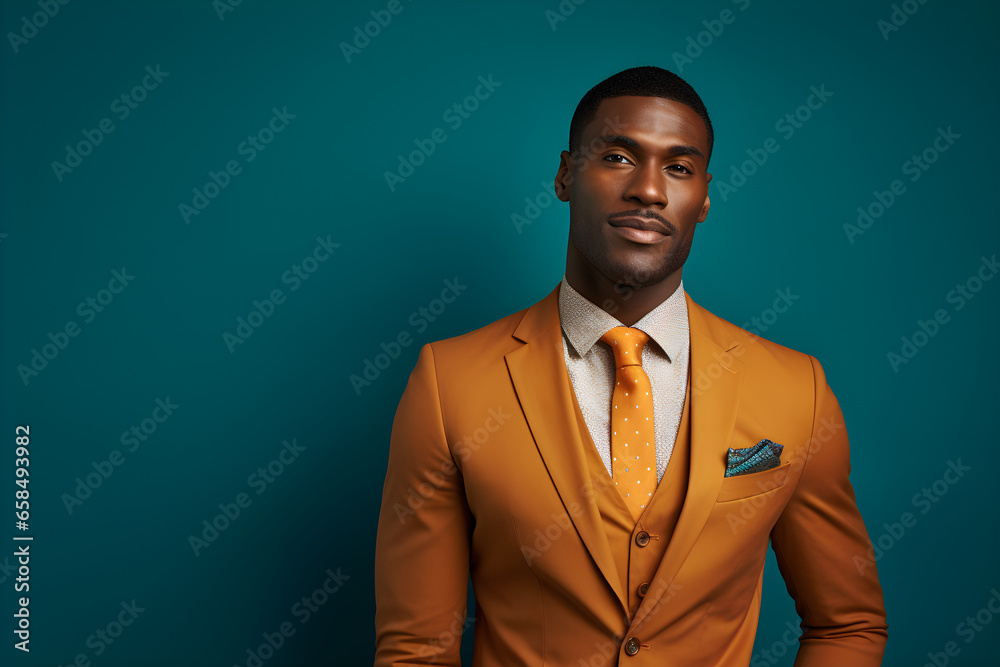 Handsome African American man in orange business suit on bright blue ...
