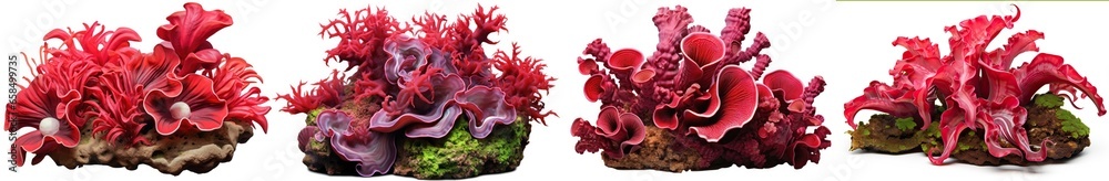 Collection of red aquatic coral reefs, algae, and mosses, isolated on a ...