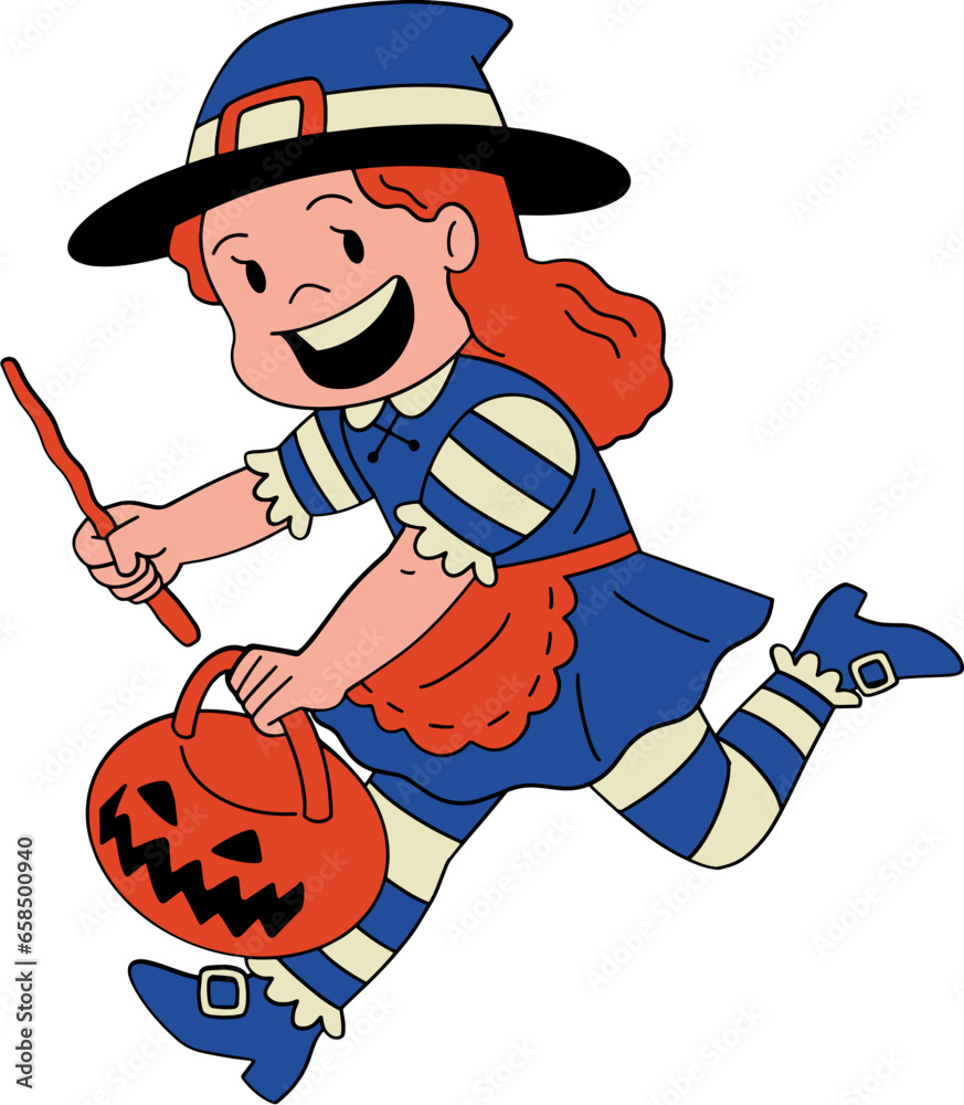 Cute little witch running for trick or treat party cartoon illustration ...