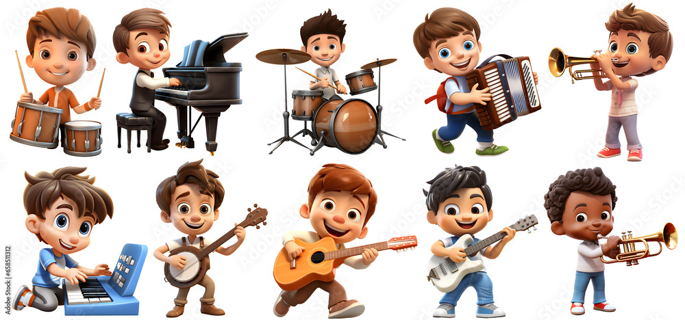 set of 3d cute Boys plays an instruments, PNG on isolated transparent ...