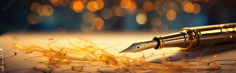 Elegant Golden Fountain Pen Surrounded by Magical Honey Threads on a ...