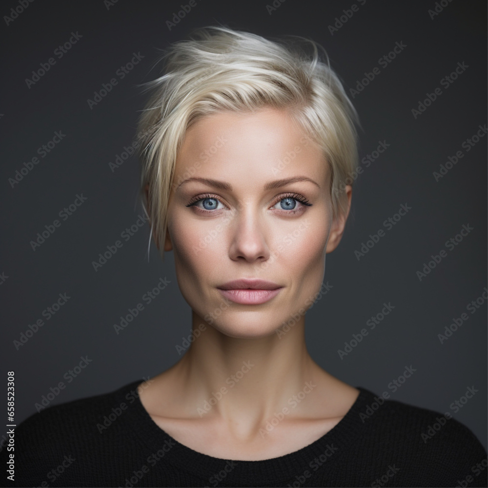 38 year old woman, scandinavian features, short blonde hair, full lips ...