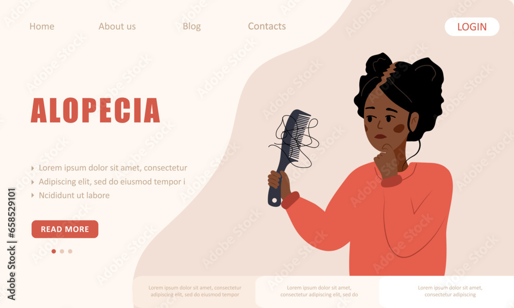 Alopecia concept. Landing page template. Sad african woman loses hair ...