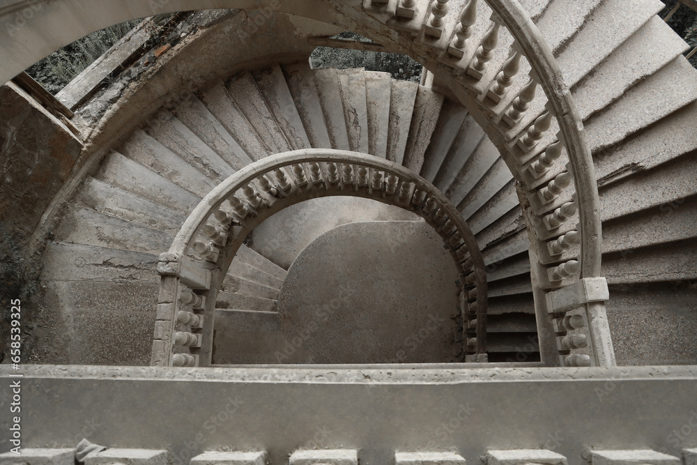 spiral round stairs stairway railing empire style window concrete ...