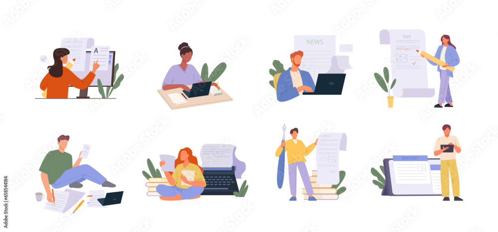 journalists copywriting. text typing concept, cartoon characters ...