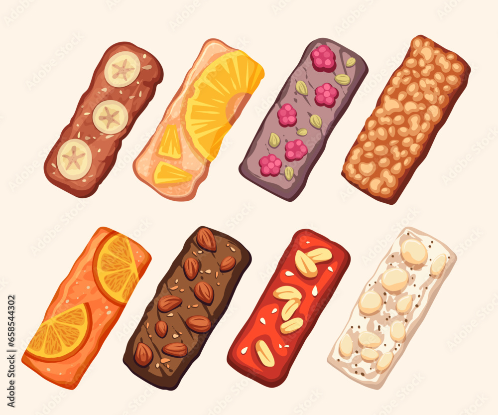 fitness snack set. nuts herbs, vegan protein bars, healthy sport muesli ...