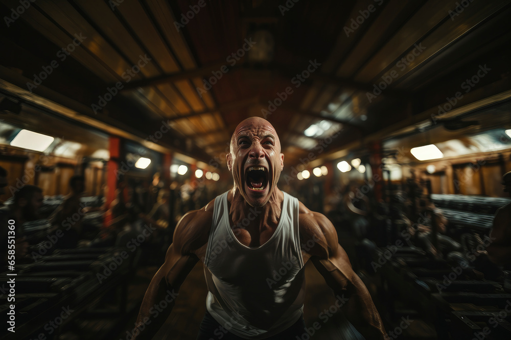 A bodybuilder with a bald head in a gym shouting with bulging veins ...