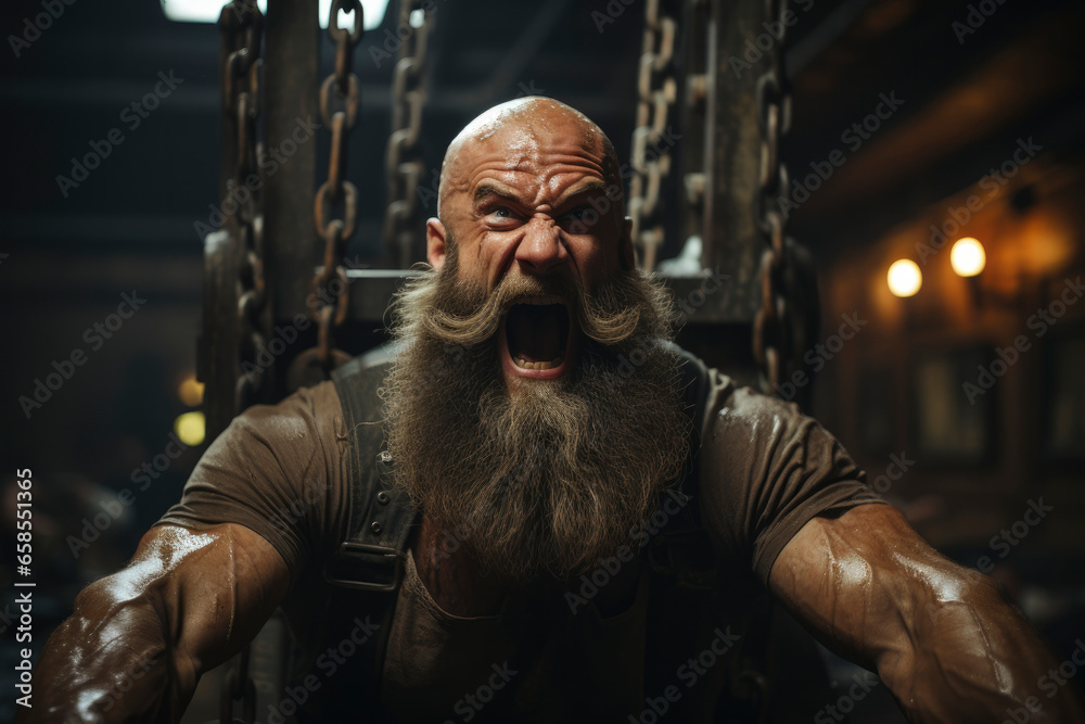 A bodybuilder with a bald head in a gym shouting with bulging veins ...