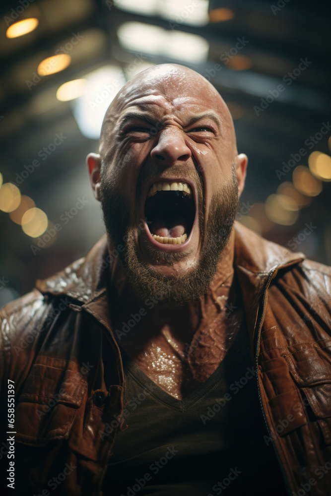 A bodybuilder with a bald head in a gym shouting with bulging veins ...
