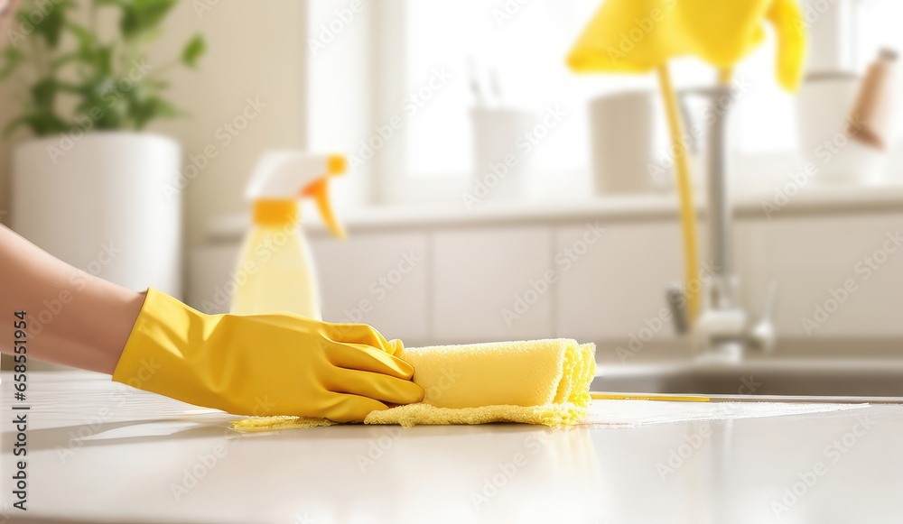 cleaning service young At home, a woman is cleaning the kitchen table ...